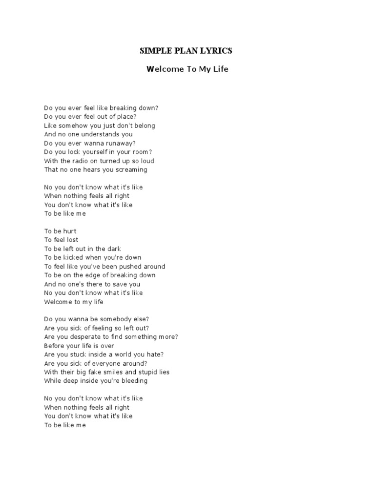 Simple Plan Lyrics: Welcome To My Life | PDF | Art | Mystery, Thriller ...