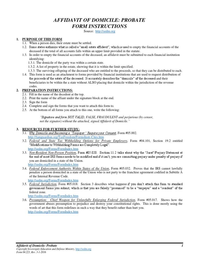 Affidavit of Domicile: Probate Form Instructions | PDF | U.S. State ...