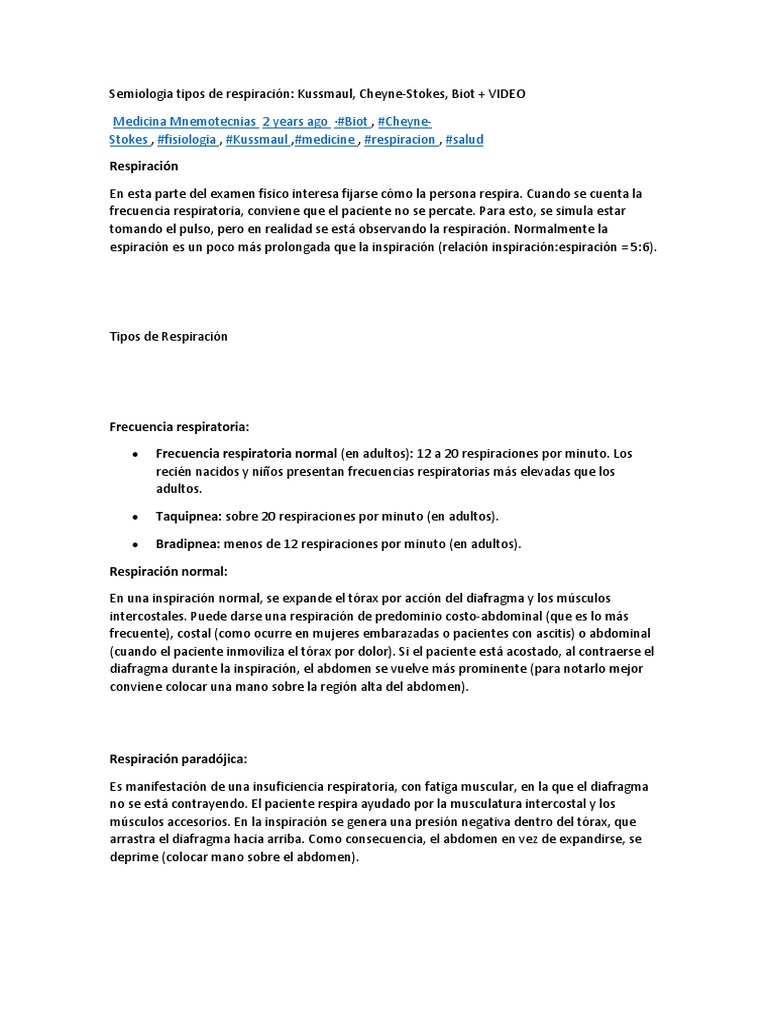 Tipos respiración: Kussmaul, Cheyne-Stokes, Biot | PDF | Apnea ...