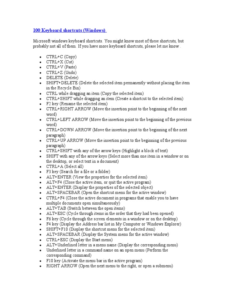 100 Keyboard Shortcuts | PDF | Microsoft Windows | Computer Keyboard