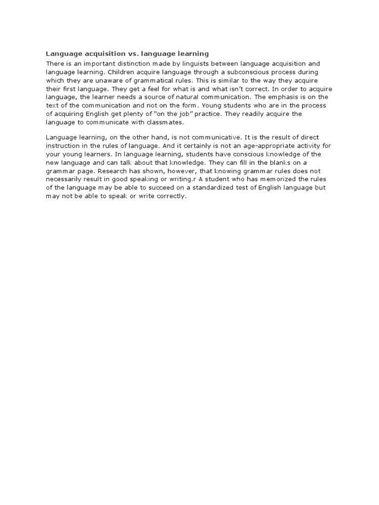 Differences Between Language Acquisition Vs Language Learning | PDF