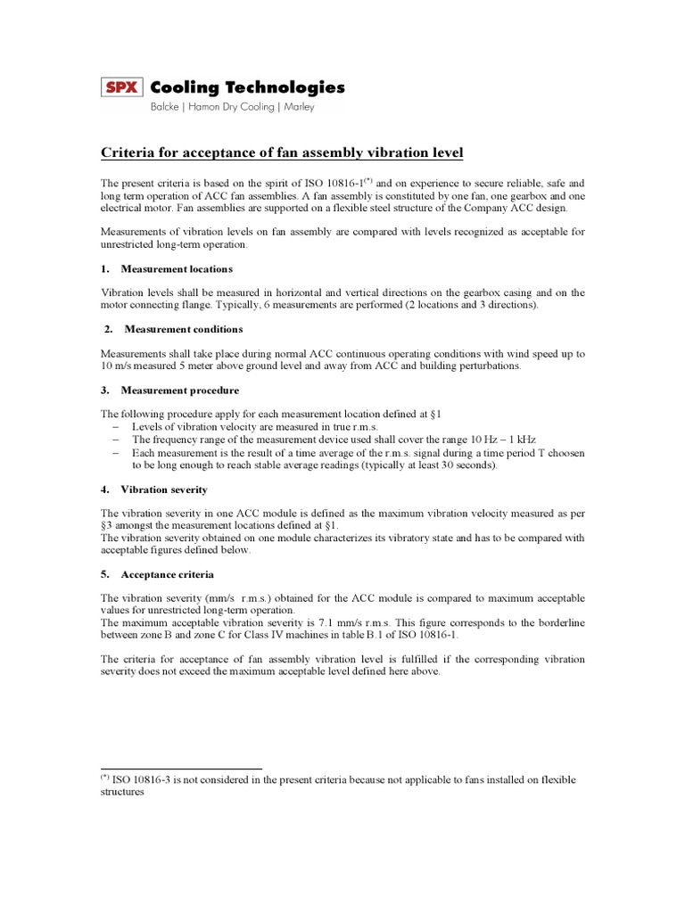 Criteria For Acceptance of Fan Assembly Vibration Level: 1. Measurement ...