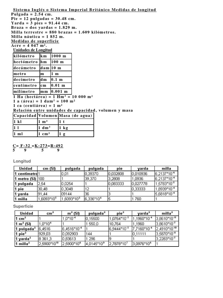 Sistema Inglés o Sistema Imperial Británico Medidas | PDF