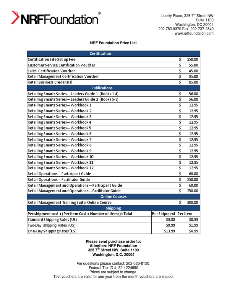 Certification: NRF Foundation Price List | PDF | School Voucher | Retail