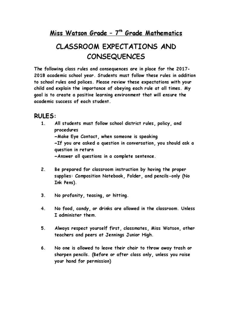 Classroom Expectations and Consequences: Miss Watson Grade - 7 Grade ...