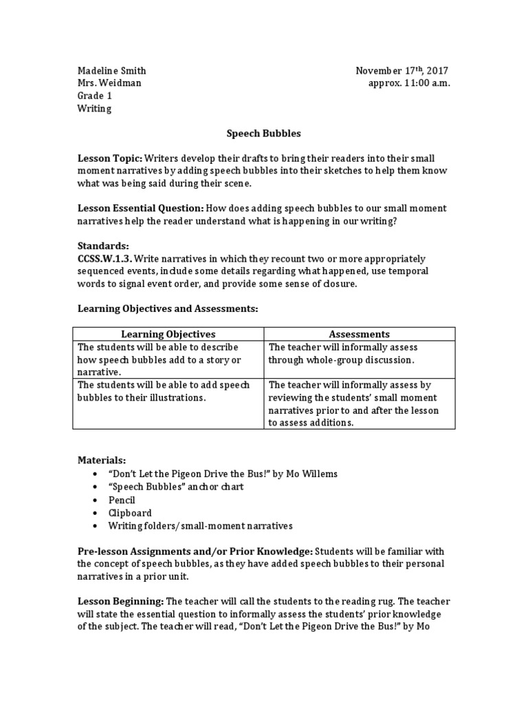 Speech Bubbles Lesson Plan | PDF | Classroom | Narrative