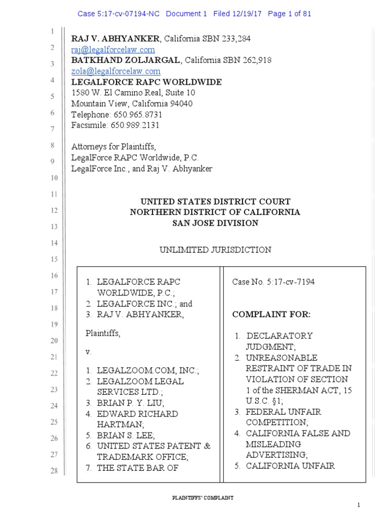 Complaint - LegalForce RAPC v. LegalZoom | PDF | United States Patent ...
