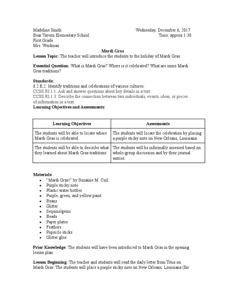 First Grade Mardi Gras Lesson Plan | PDF | Classroom | Classroom Management