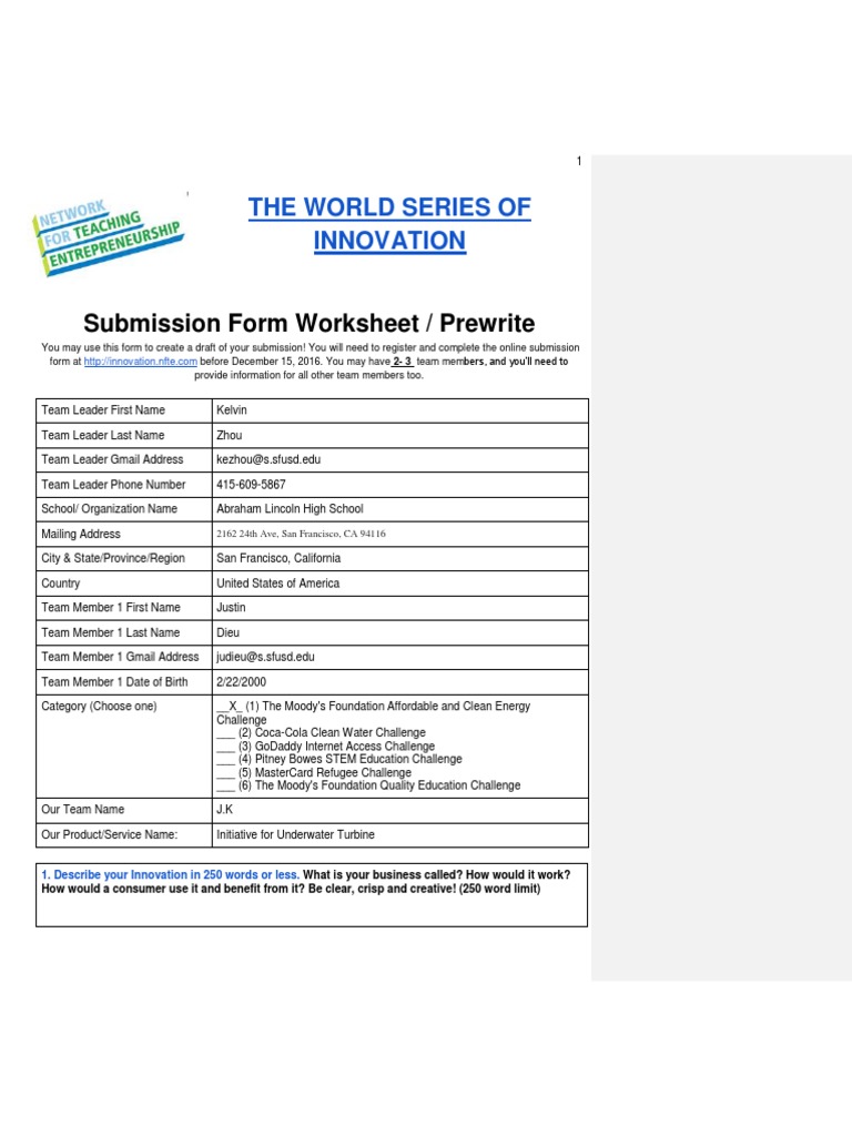 The World Series of Innovation: Submission Form Worksheet / Prewrite ...
