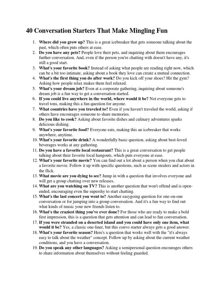 40 Conversation Starters That Make Mingling Fun | PDF | Definition ...