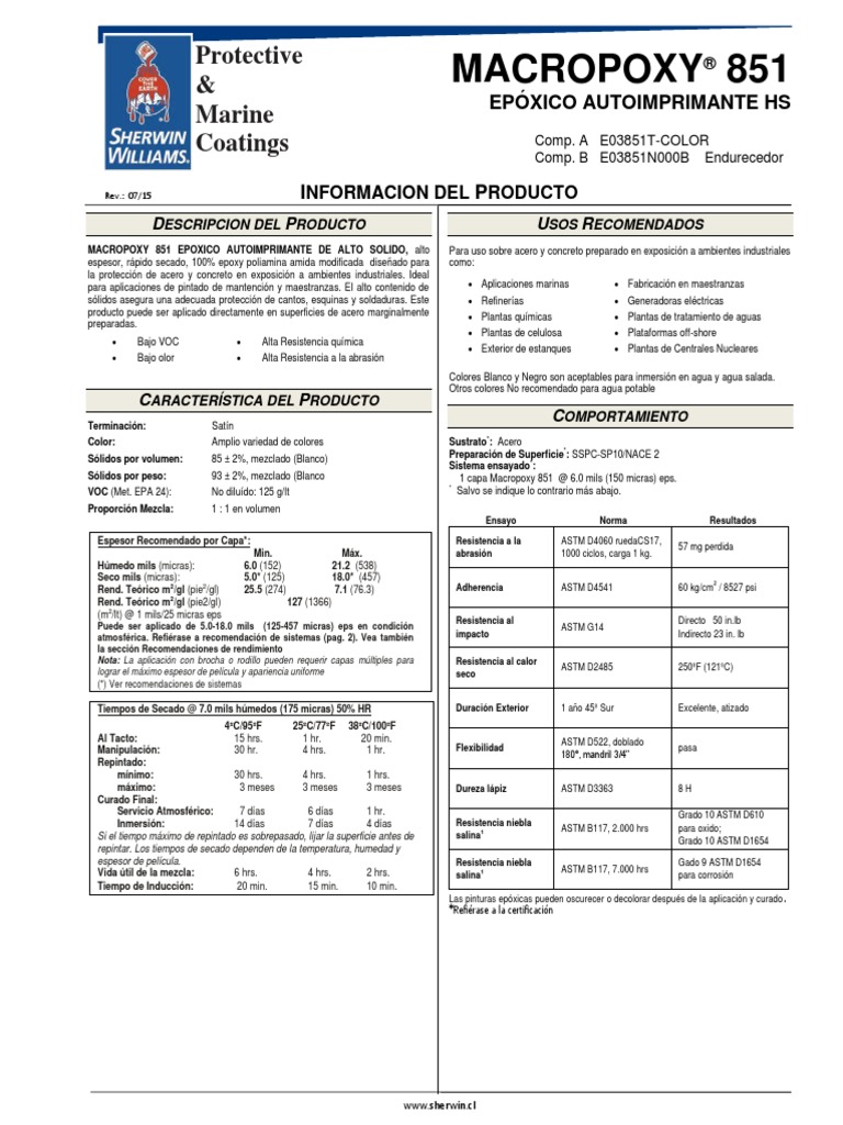 Especificaciones tecnicas Macropoxy 851 | Hormigón | Pintar