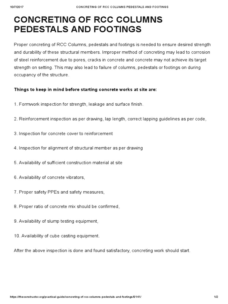 Concreting of RCC Columns Pedestals and Footings | PDF | Concrete ...