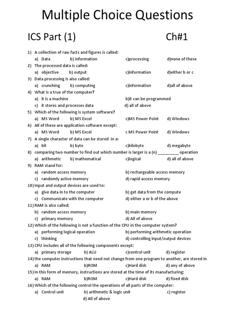 Aikman Series Multiple Choice Questions CH# 1 | PDF | Random Access Memory | Read Only Memory