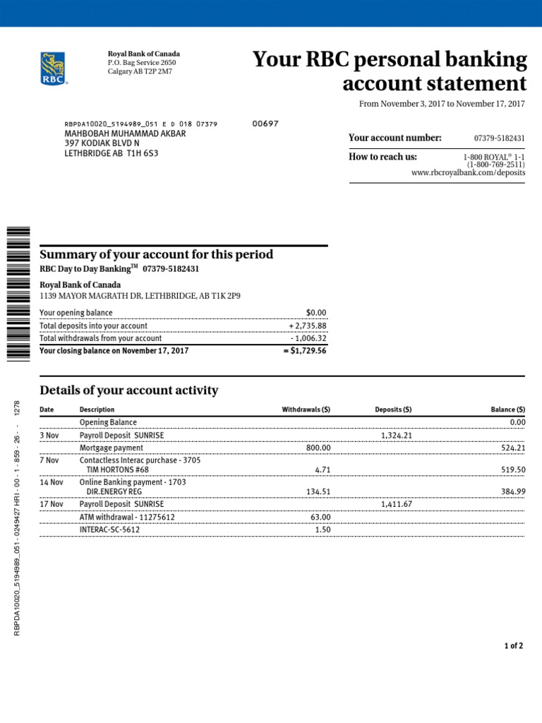 Your RBC Personal Banking Account Statement | PDF | Cheque | Financial ...
