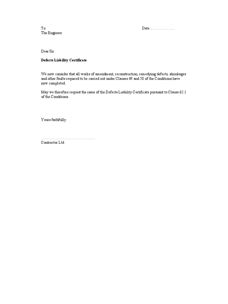 Defects Liability Certificate