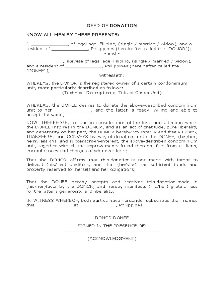 Condominium Unit Donation Deed Sample | PDF | Politics | Social Science