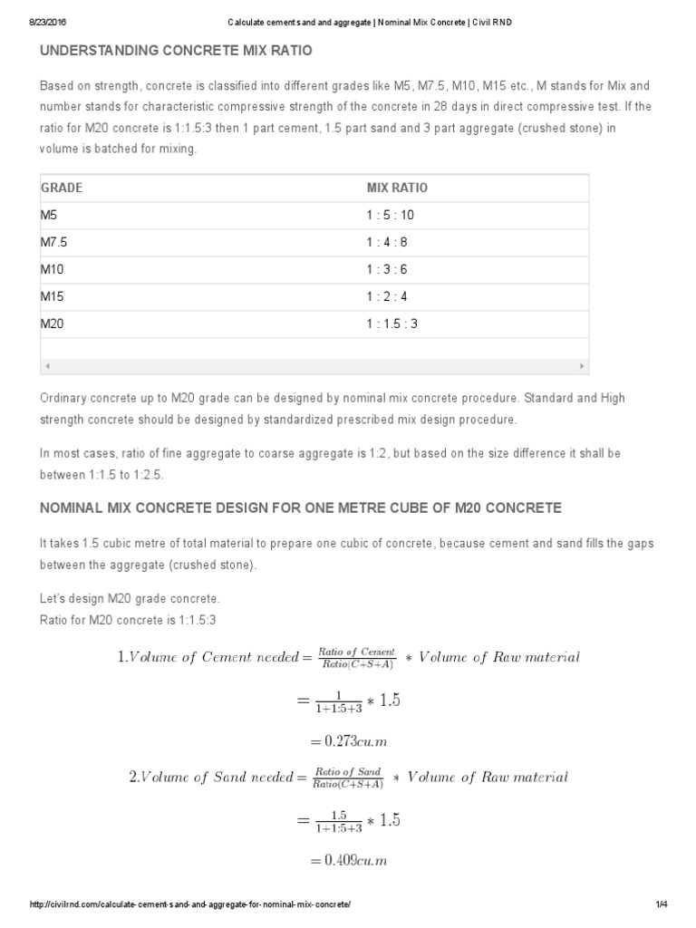 M20 Concrete Mix Ratio Calculation | PDF | Construction Aggregate ...