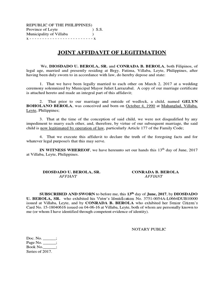 Affidavit of Legitimation - Sabangan | Affidavit | Government And ...