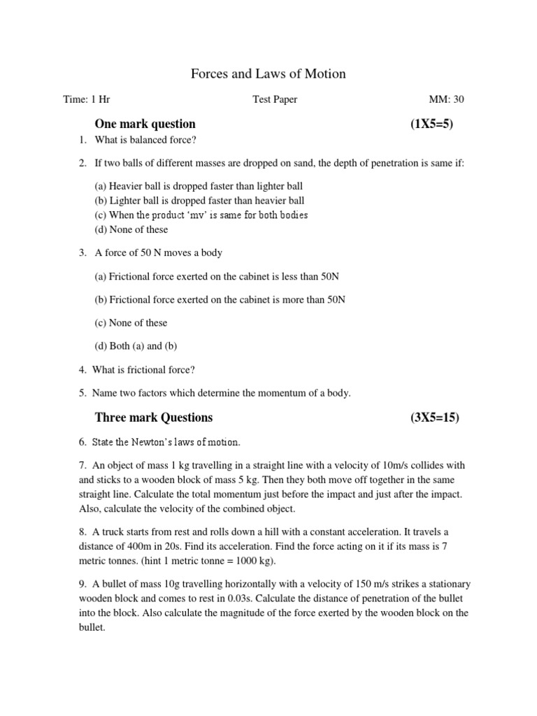 Class 9 Test on Forces and Motion | PDF | Acceleration | Force