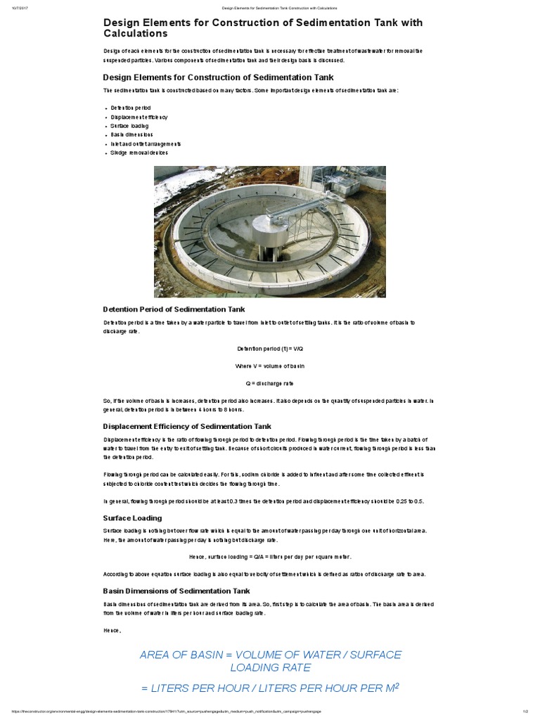 Design Elements For Sedimentation Tank Construction With Calculations ...