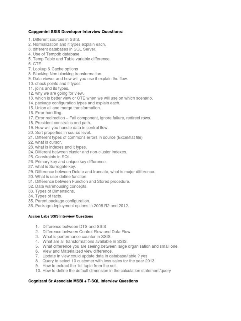 Capgemini SSIS Developer Interview Questions:: Cognizant SR - Associate ...
