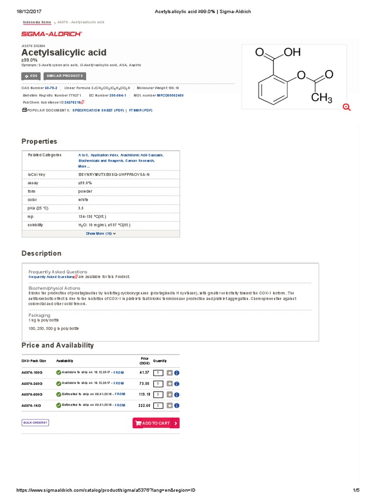 Acetylsalicylic Acid 99.pdf SIGMA | PDF | Aspirin | Cardiovascular Diseases