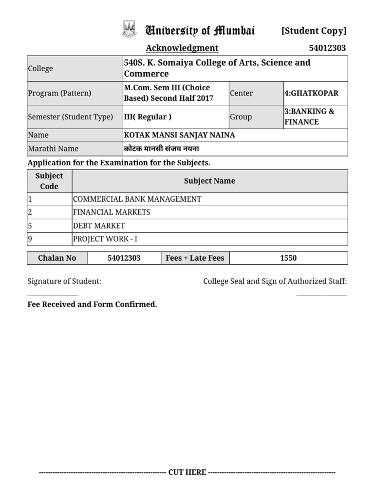 Mcom Exam Form Acknowledgment - Sem 3 PDF | PDF | Money | Business