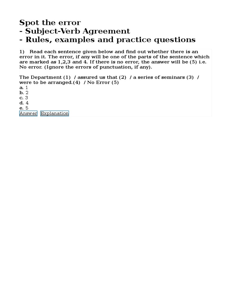 Spot The Error Subject-Verb Agreement | PDF | Grammatical Number | Plural