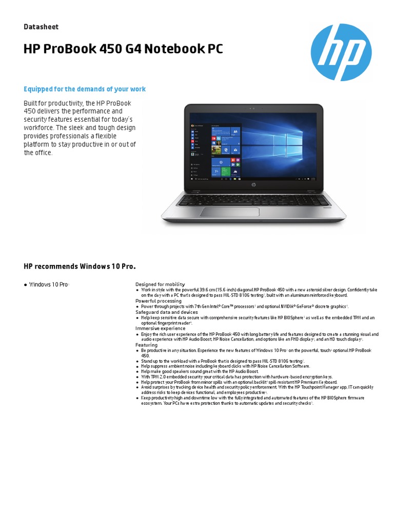 HP ProBook 450 G4 NoteBook PC | PDF | Intel | Windows 10
