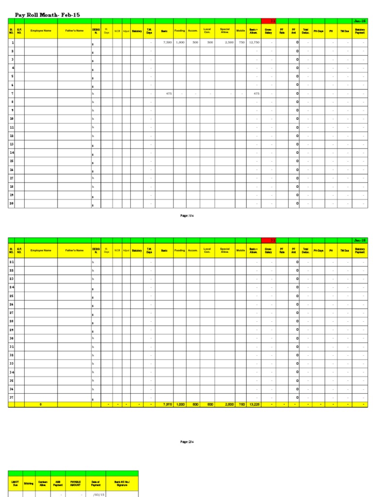 Pay Roll Month-Feb-15: Employee Name Father'a Name Fooding Accom ...