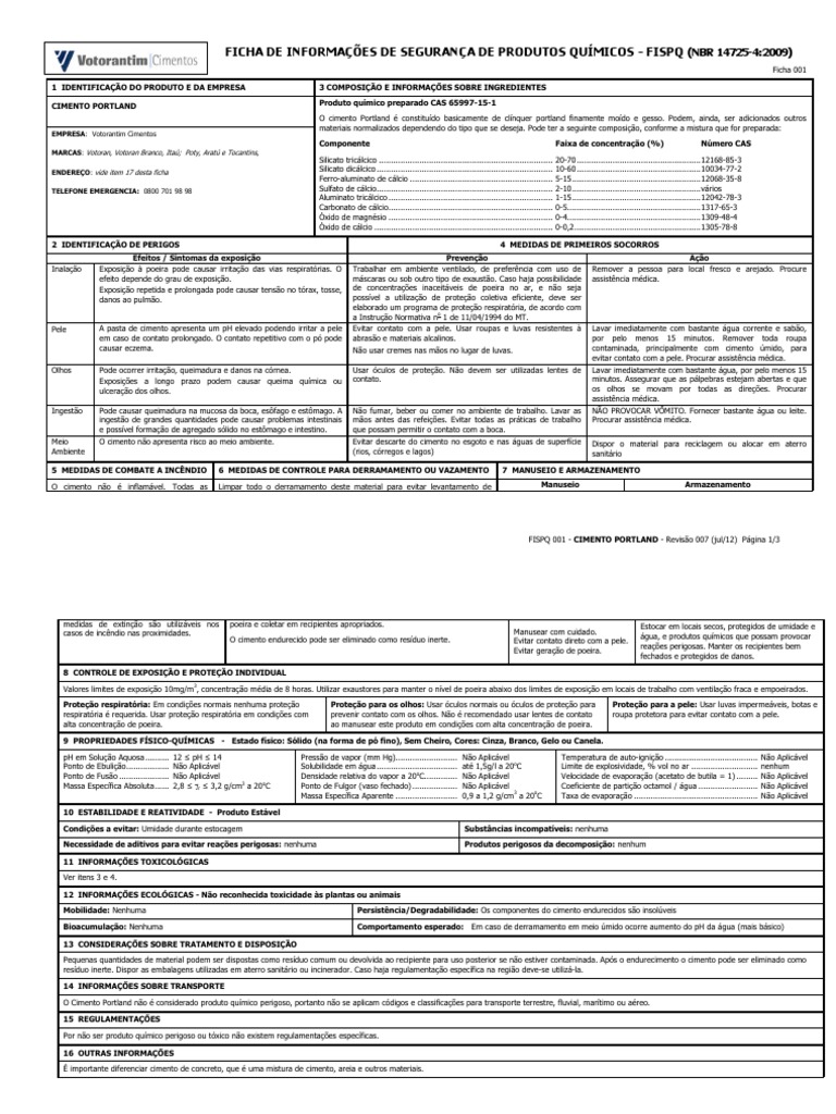FISPQ Cimento Portland VOTORANTIM PDF | PDF | Cimento | Cálcio