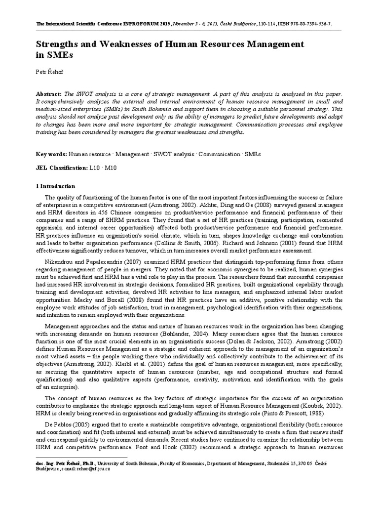 Strengths and Weaknesses of Human Resources Management in Smes | PDF ...