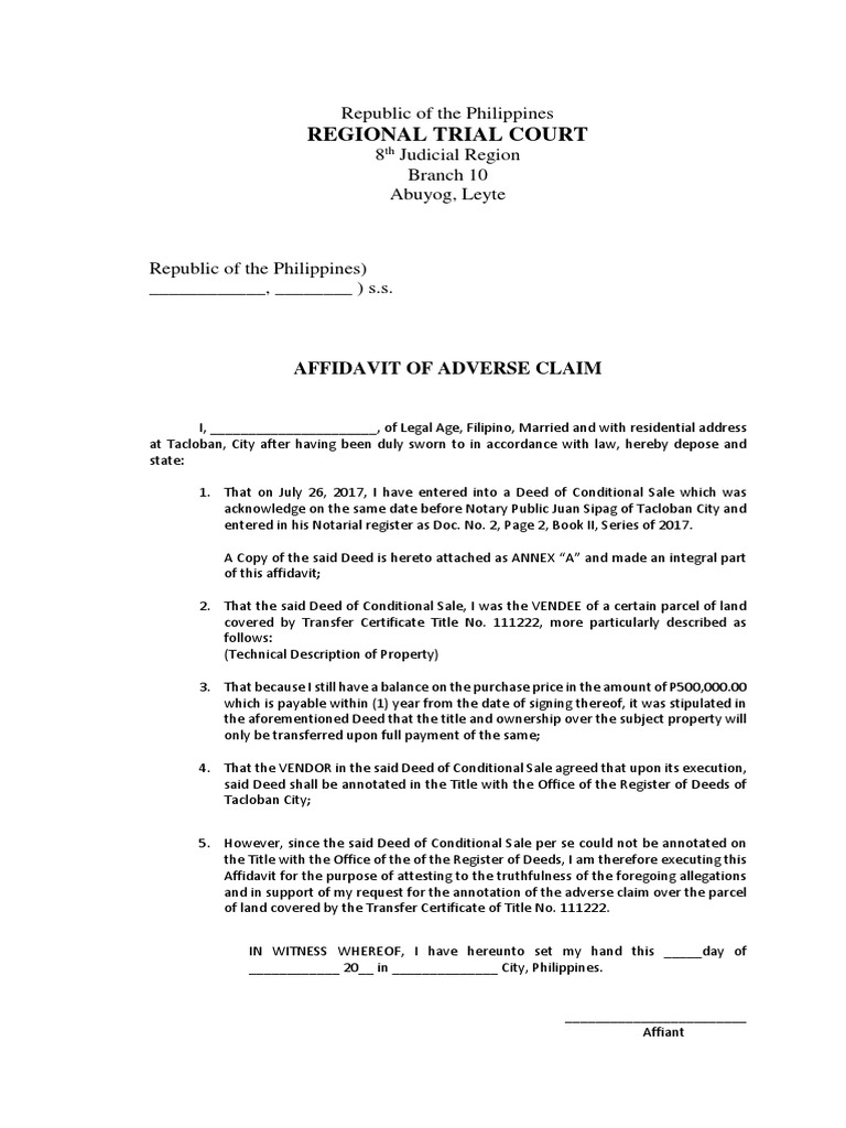 Affidavit of Adverse Claim | Download Free PDF | Affidavit | Deed