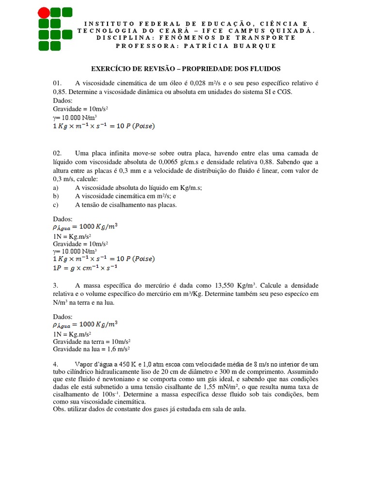 Lista de Exercícios Mec Flu | PDF | Viscosidade | Densidade