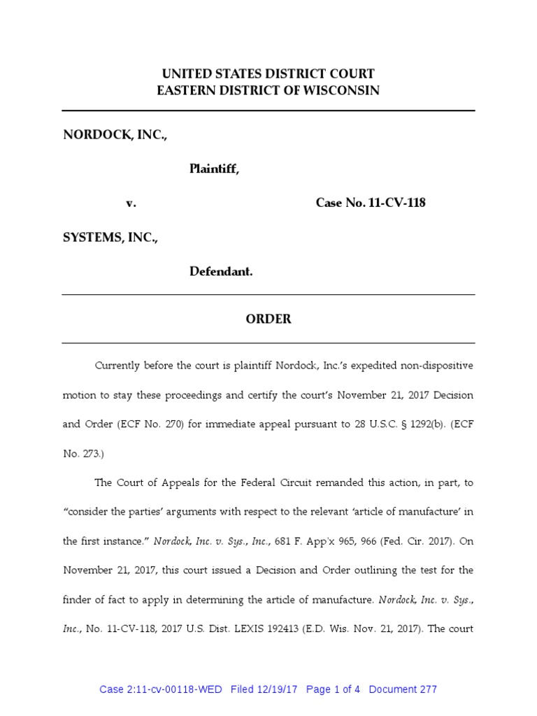 Nordock v. Systems - Order Denying Motion For Immediate Appeal ...