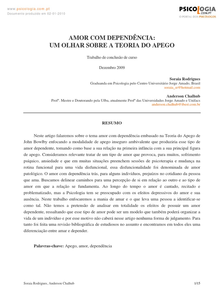 Amor Com Dependencia Um Olhar Sobre A Teoria Do Apego PDF | PDF | Business