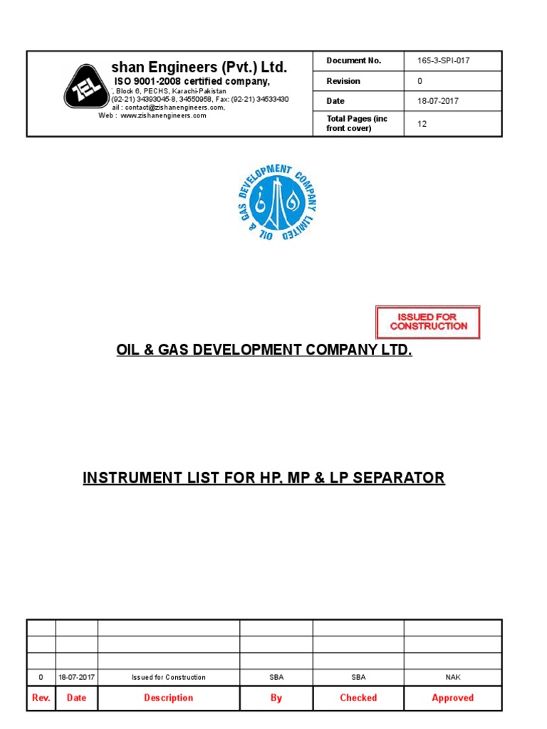 Zishan Engineers (PVT.) LTD.: Instrument List For HP, MP & LP Separator ...