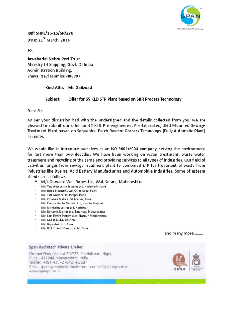 Subject Offer For 65 KLD STP Plant Based | PDF | Sewage Treatment ...
