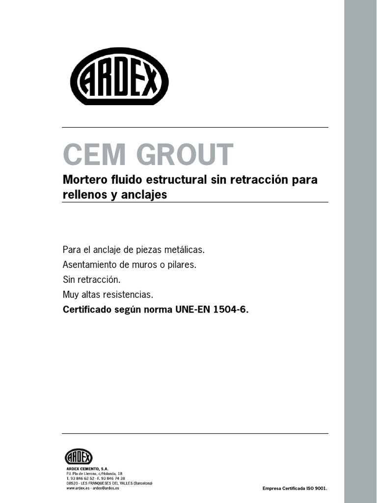 Mortero CEM GROUT: Rellenos y Anclajes | PDF | Hormigón | Cemento