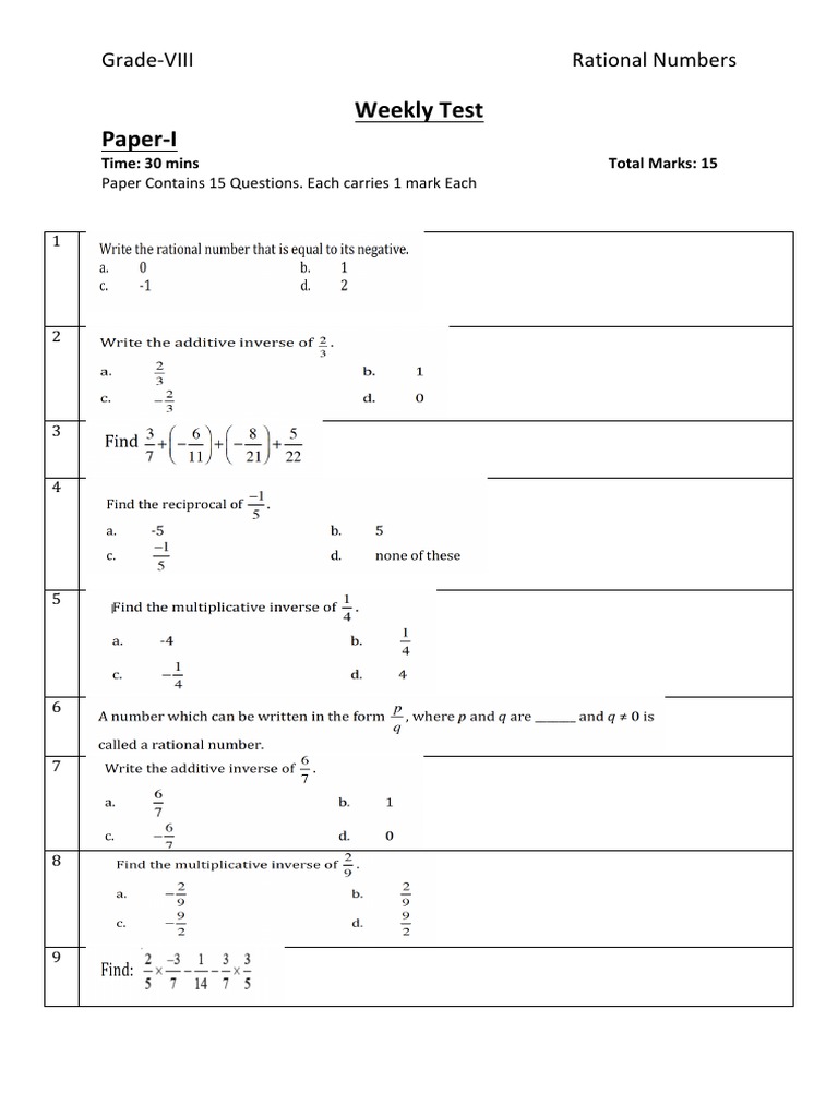 Weekly Test GR-8 Rational Numbers PDF | PDF