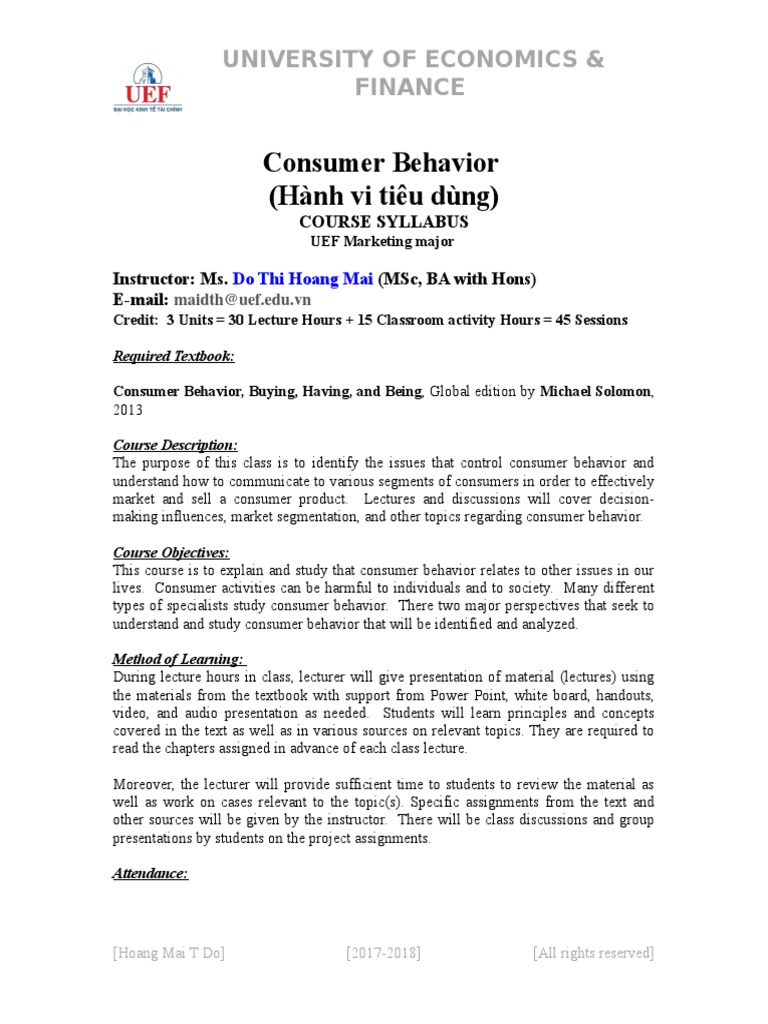 Consumer Behavior Course Syllabus | PDF | Lecture | Consumer Behaviour