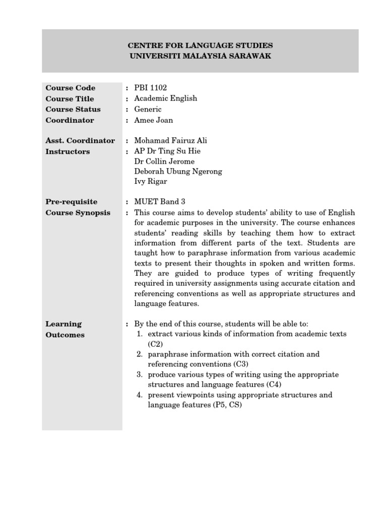 PBI1102 Academic English Course Outline | PDF | Essays | Lecture