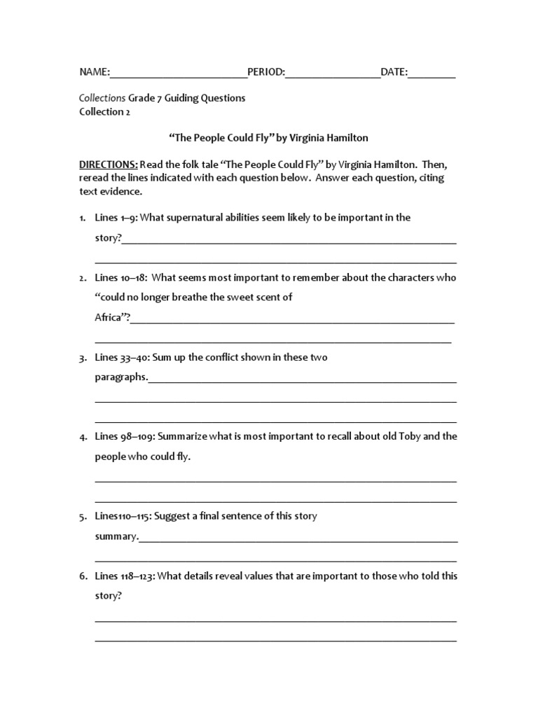 The People Could Fly - Guided Questions - 7th Grade - Collection 2 ...