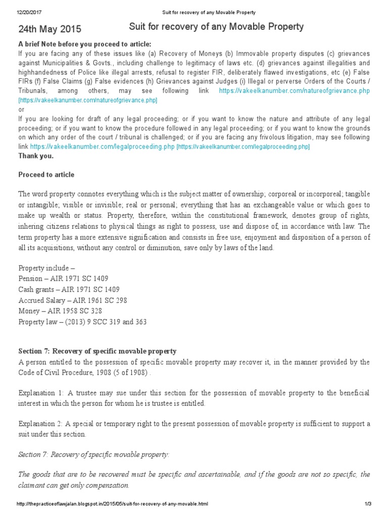 Suit For Recovery of Any Movable Property | PDF | Property | Ownership