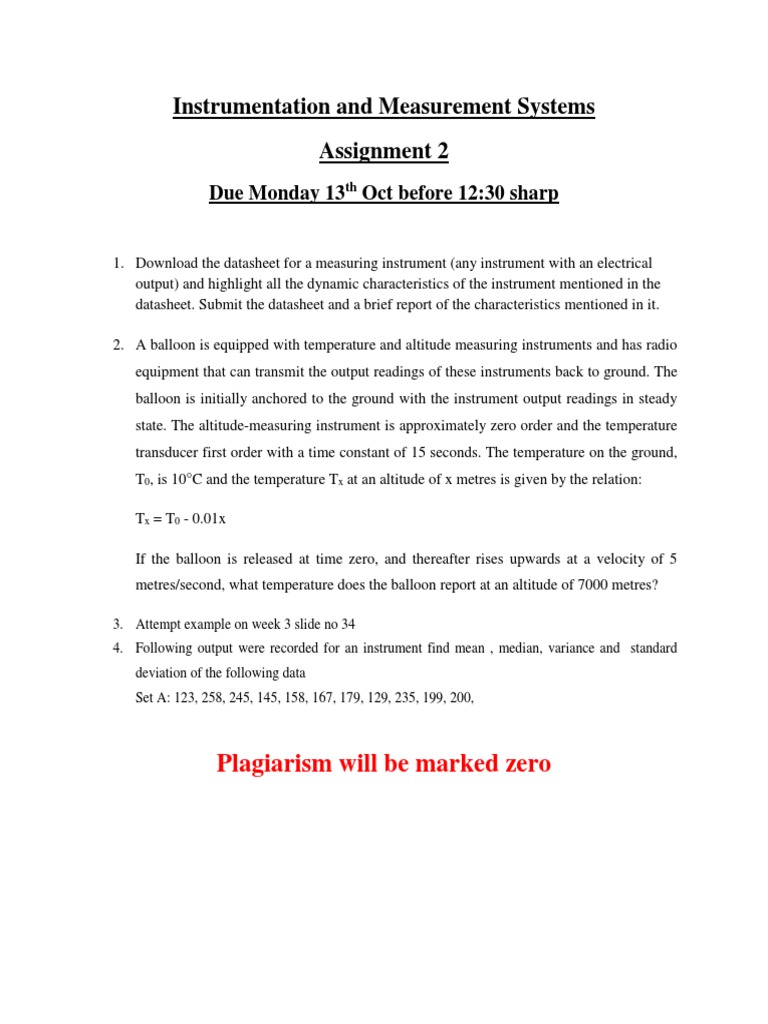 Instrumentation & Measurement Systems Assignment 2 Due 13th Oct | PDF