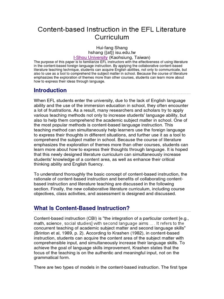 Content-Based Instruction in The EFL Literature Curriculum: I-Shou ...