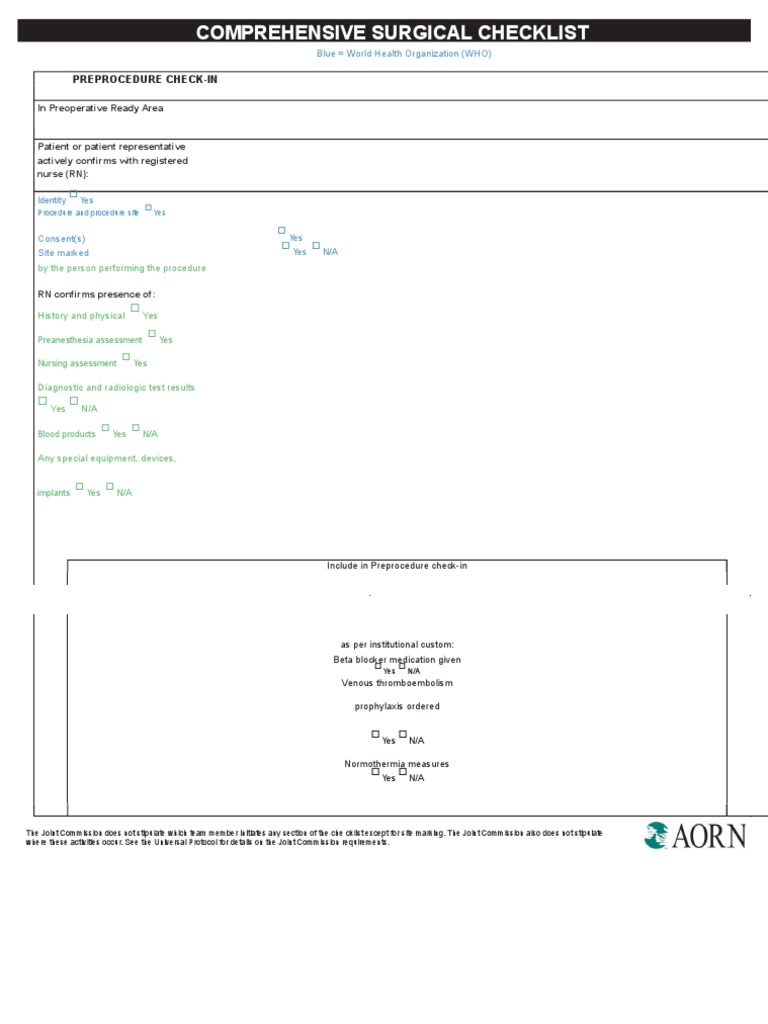 Comprehensive Surgical Checklist: Preprocedure Check-In | PDF | Joint ...