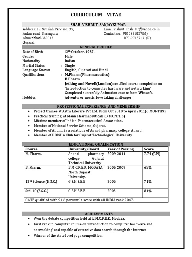 Vishrut Resume | PDF | Gujarat | Pharmacology