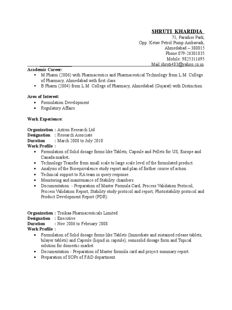 Shruti Resume | PDF | Pharmaceutical Formulation | Pharmacy