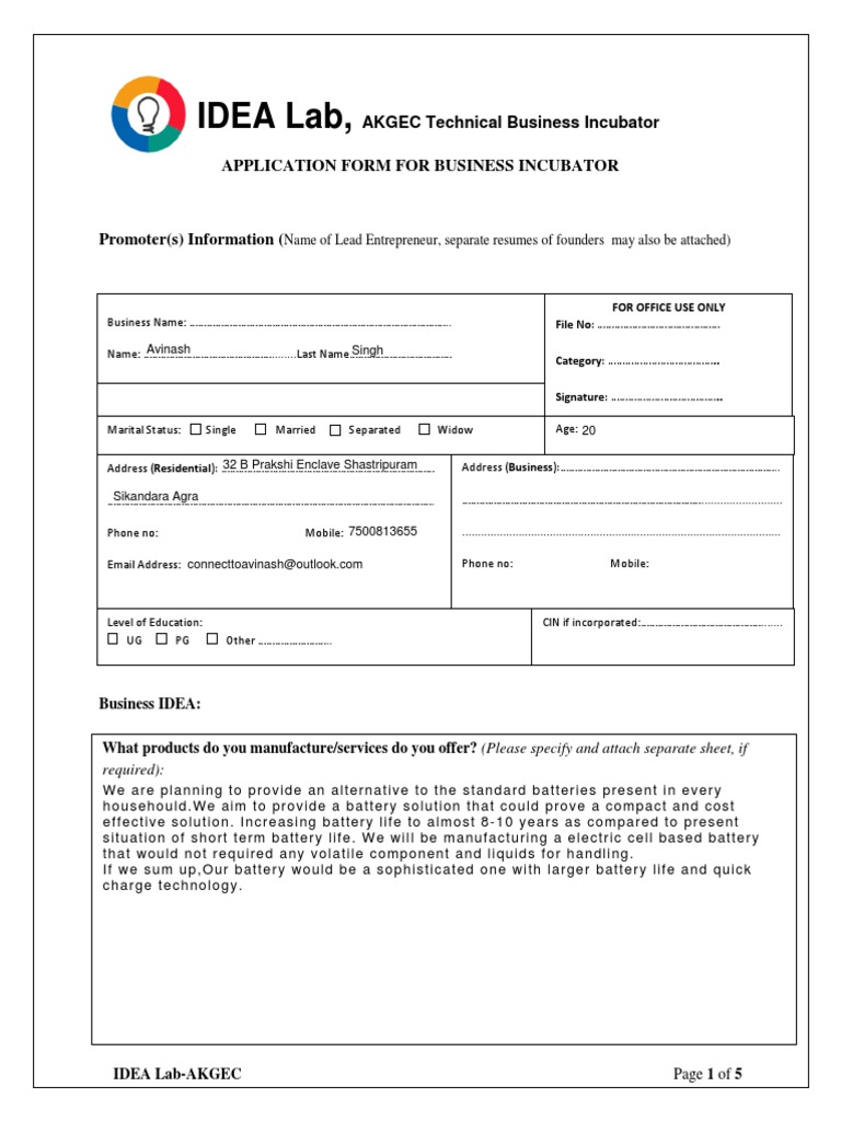 Application Form For Incubator | PDF | Business | Business (General)